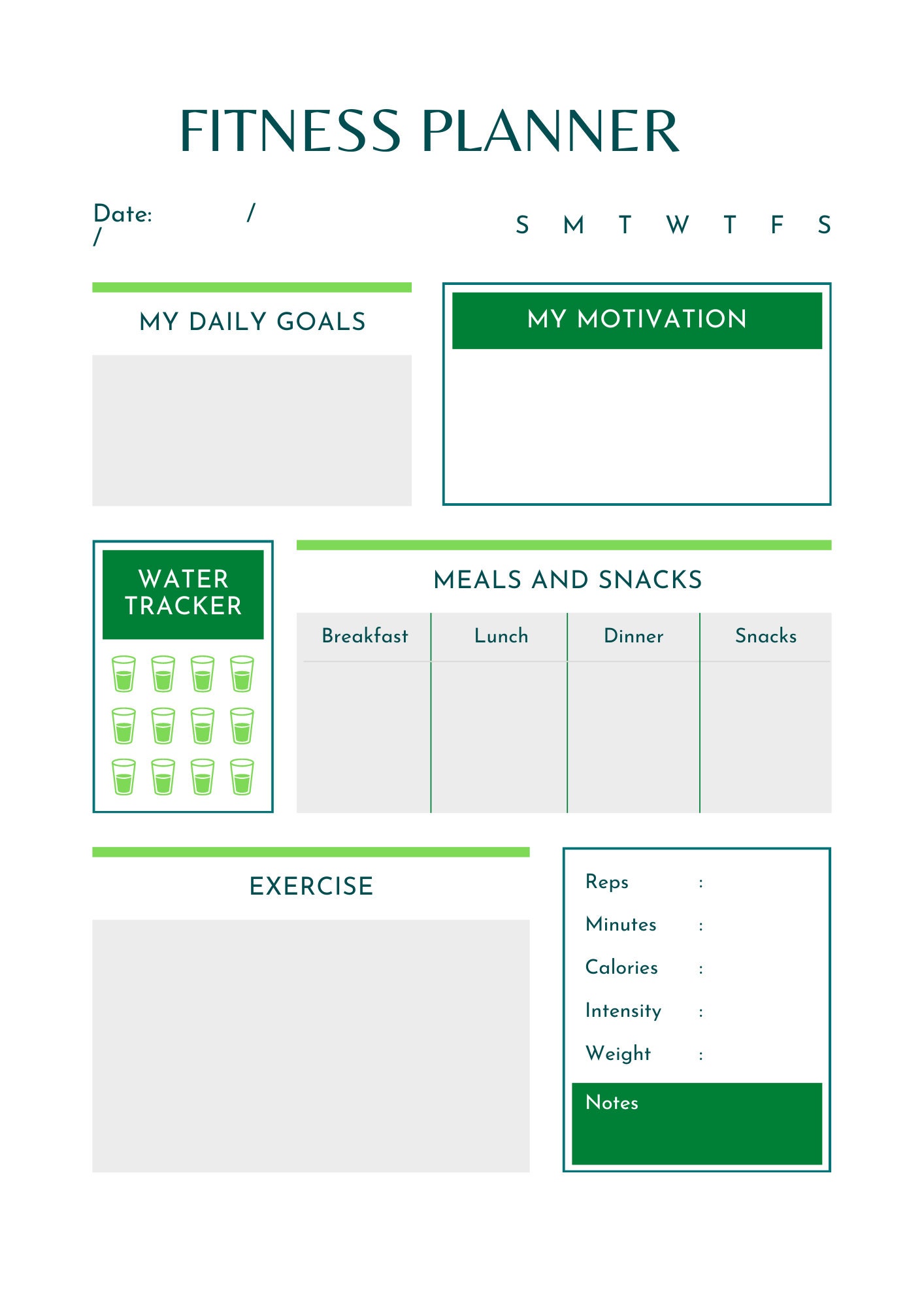 Fitness Planner, Printable, Fitness Goal Planner Undated. Instant ...