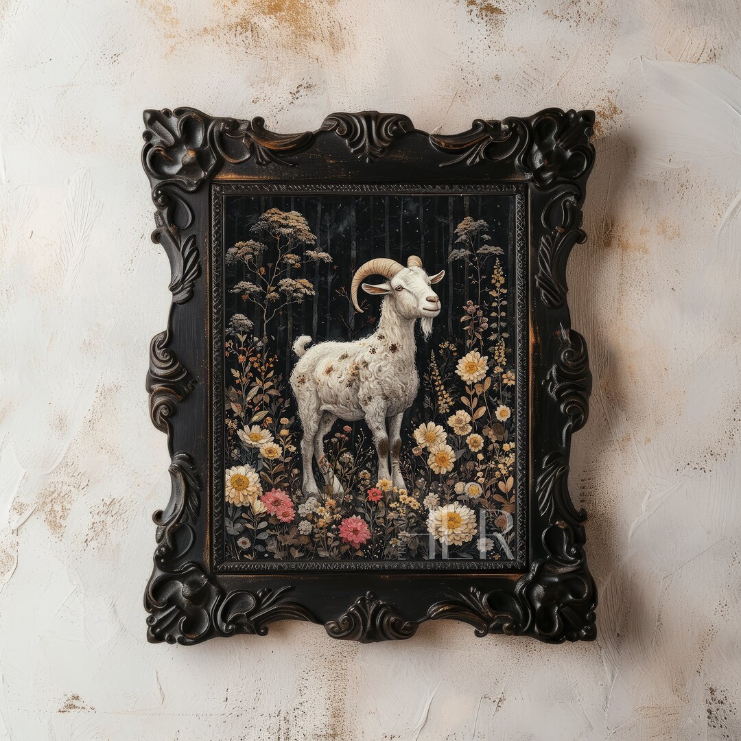 Goat N Flowers Meadow Dark Cottagecore Print Moody Botanical Decor ...
