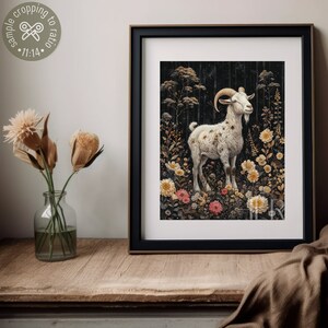 Goat N Flowers Meadow Dark Cottagecore Print Moody Botanical Decor ...