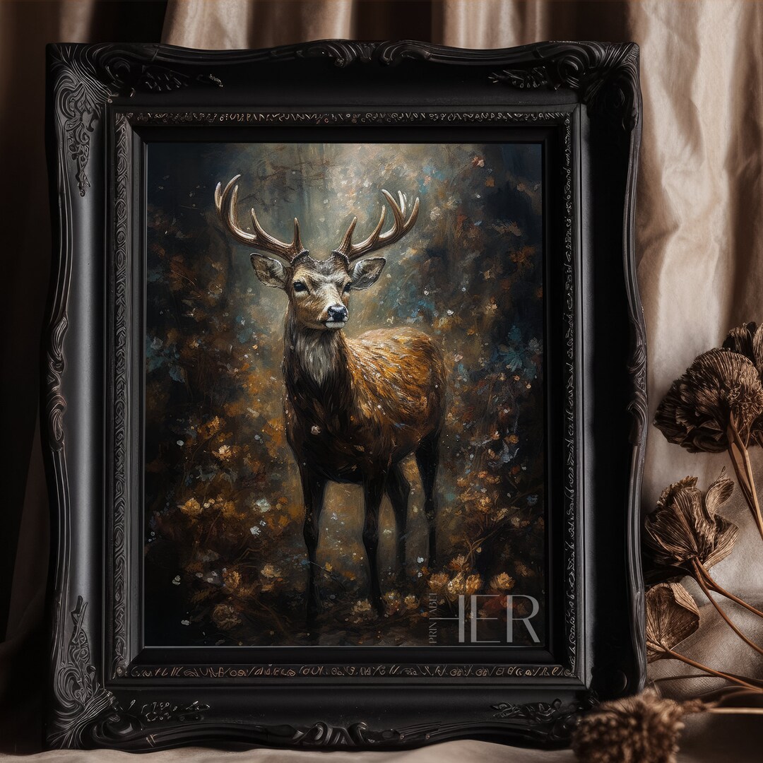 Deer First Snow in Forest Core Dark Cottagecore Academia Floral Wild ...