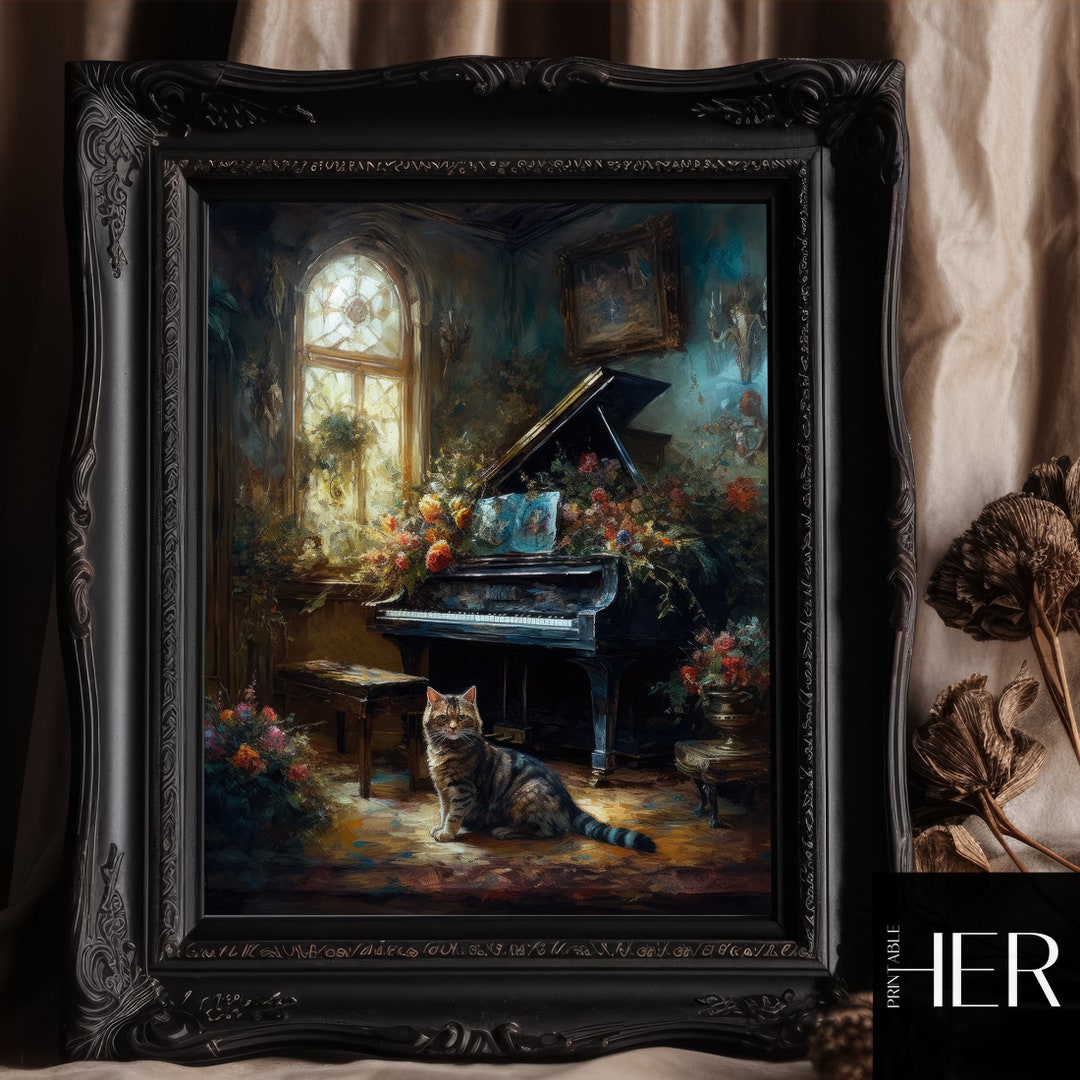 Victorian Cat Piano Painting: Dark Academia Cottagecore Wall Art ...