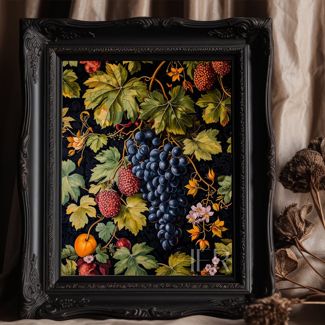 Red Grapes Vine Dark Floral Art Cottagecore Academia Gothic Botanical ...