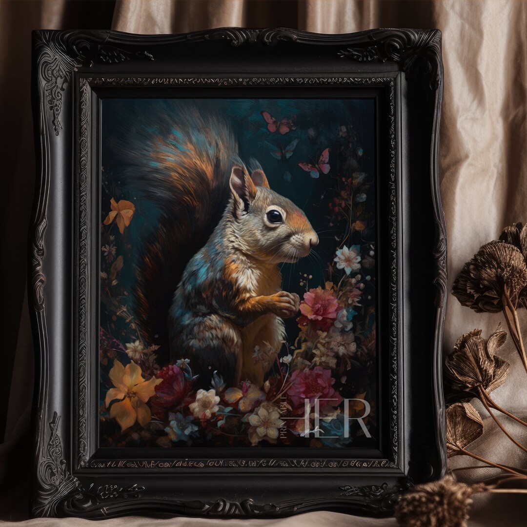 Squirrel in Dark Forest Core Cottagecore Academia Gothic Floral ...