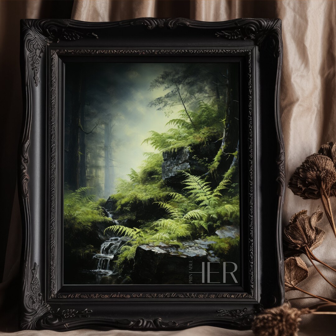 Dark Forest Waterfall Fern Print: Moody Cottagecore Wall Art (digital ...