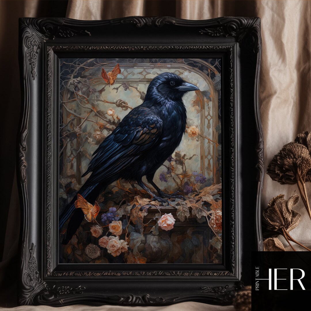 Raven and Flowers Victorian Oil Painting: Dark Cottagecore Wall Art ...