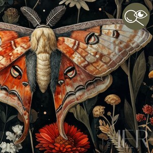 Moth and Flowers Meadow Dark Cottagecore Print Moody Botanical Decor ...