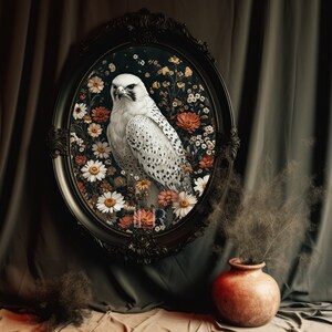 White Falcon Flower Meadow Dark Cottagecore Print Moody Botanical Decor ...