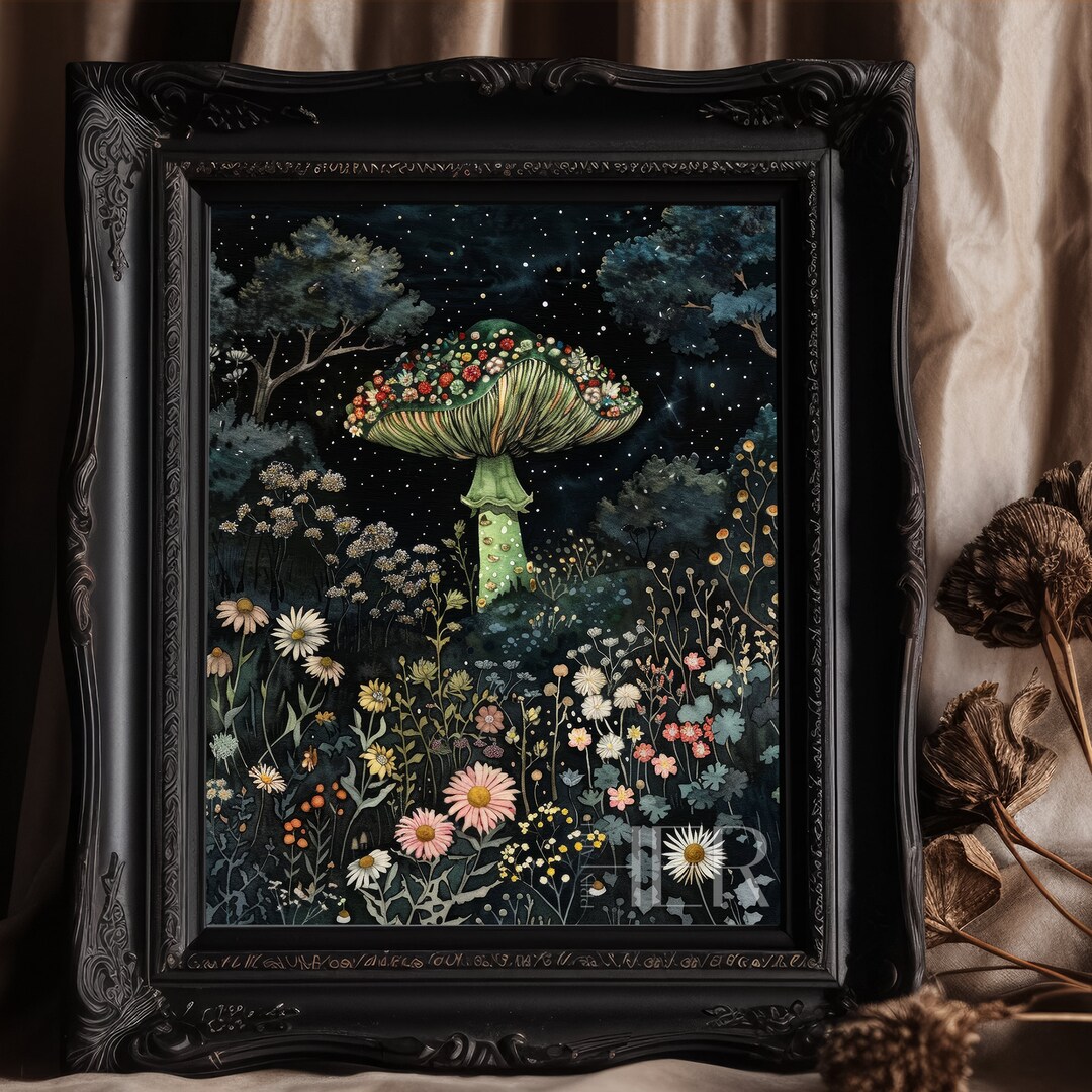 Green Mushroom Night Sky Meadow Dark Cottagecore Print Moody Botanical ...