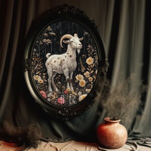 Goat N Flowers Meadow Dark Cottagecore Print Moody Botanical Decor ...