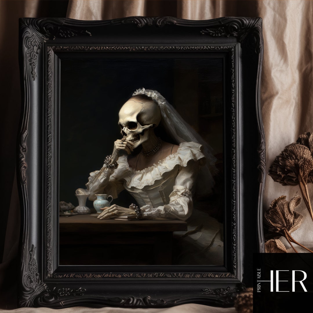 Worried Skeleton Bride Portrait Dark Academia Cottagecore Botanical ...