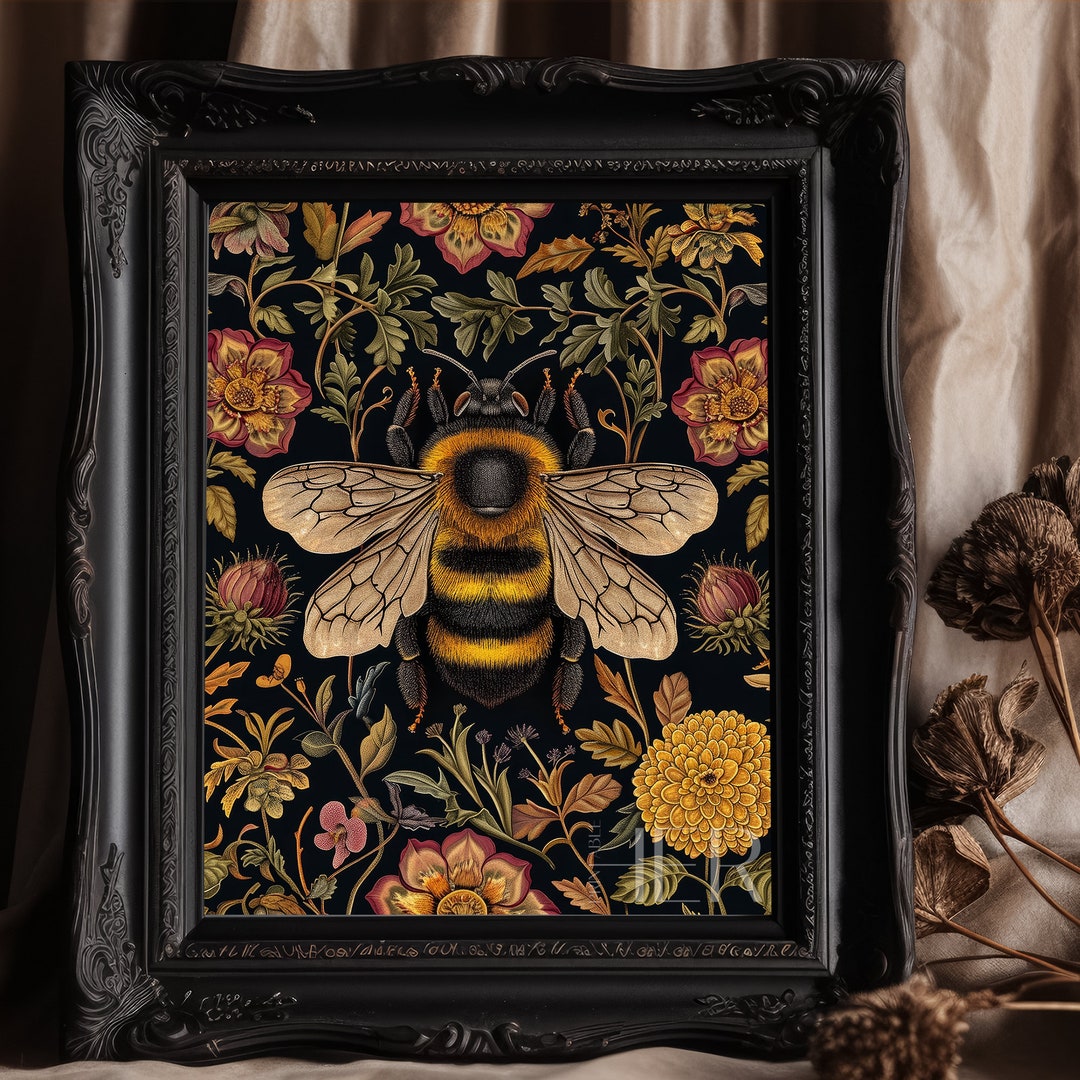 Bee and Flower Art Print: Dark Botanical Cottagecore Decor (digital ...