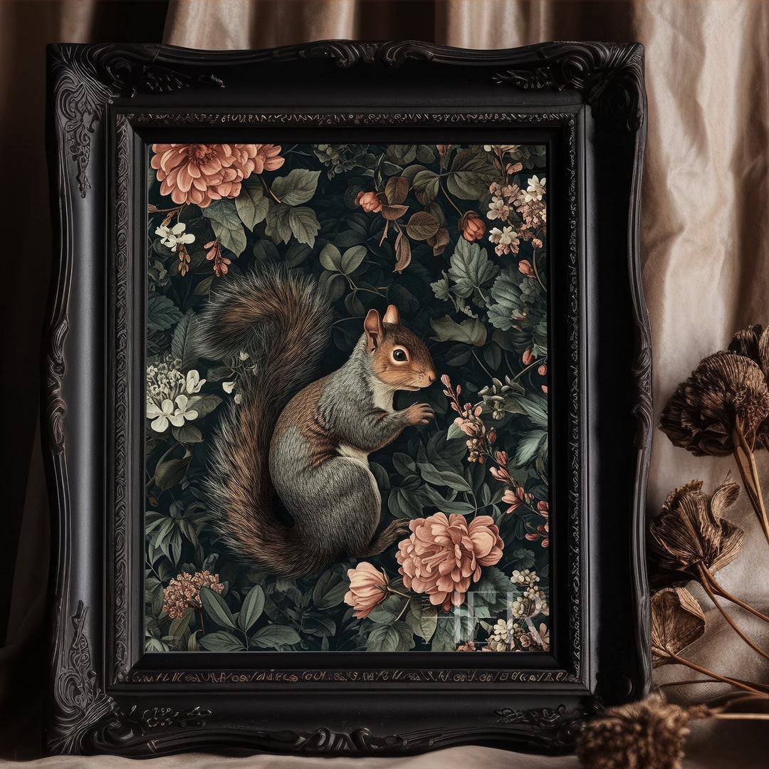 Squirrel Dark Forest Art Cottagecore Academia Gothic Botanical Floral ...