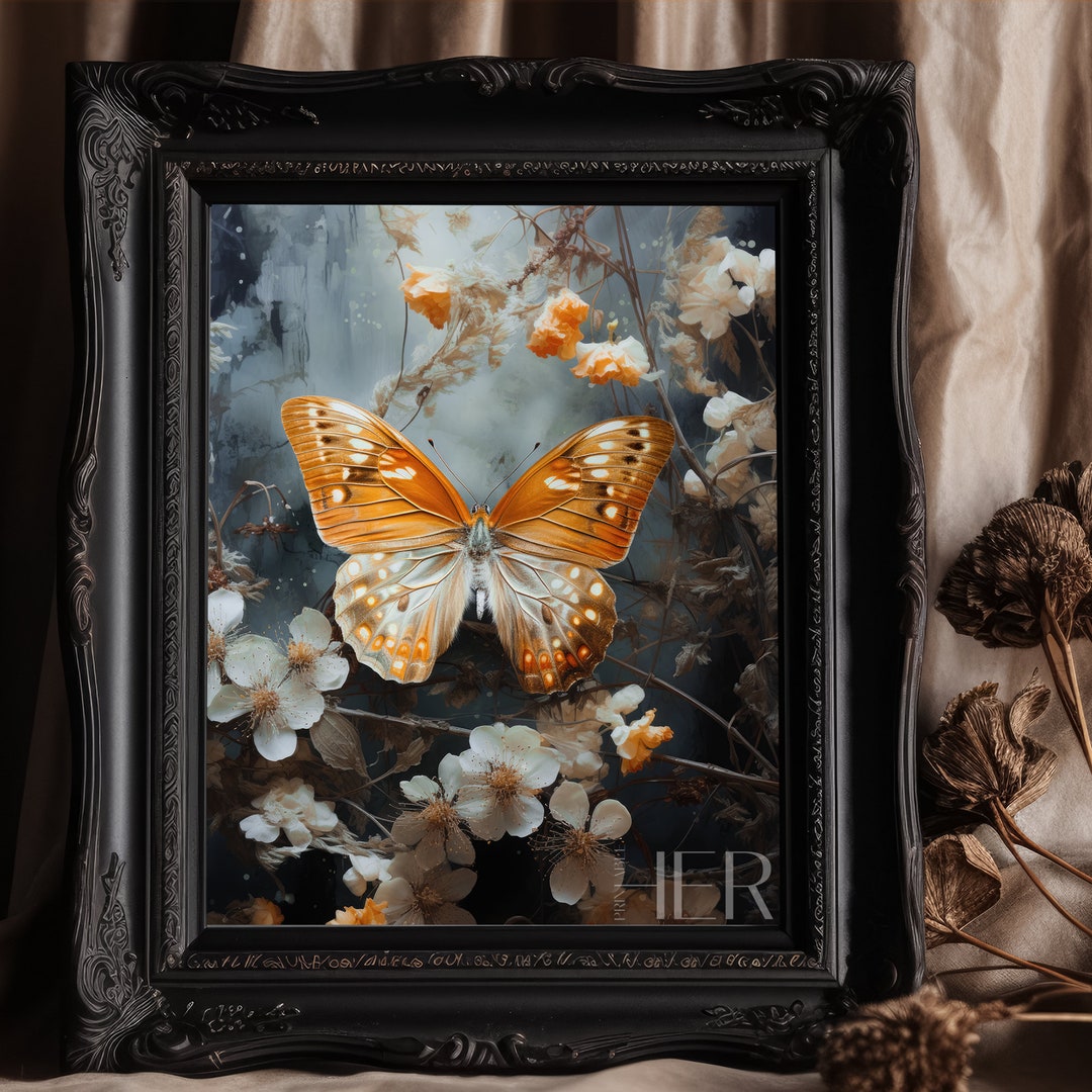 Floral Butterfly Painting Dark Cottagecore Academia Gothic Botanical ...
