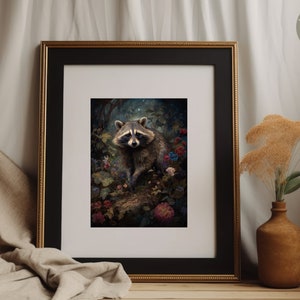 Raccoon in Forest Core Dark Cottagecore Academia Floral Botanical Wall ...