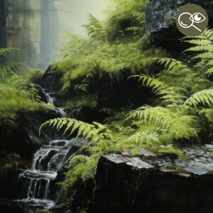 Waterfall and Fern in Dark Forest Landscape Cottagecore Academia Gothic ...