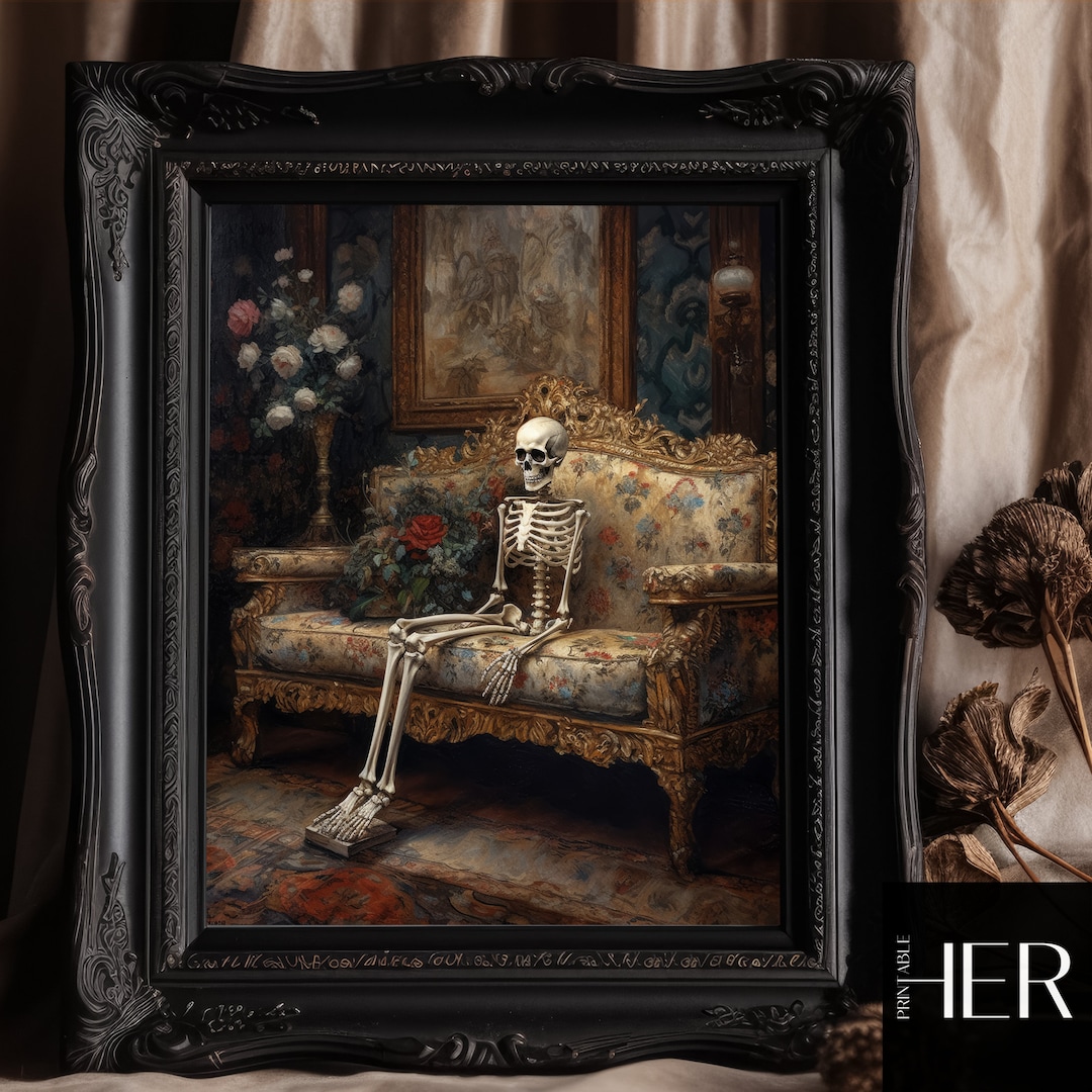Victorian Skeleton Oil Painting: Dark Academia Gothic Wall Art (digital ...