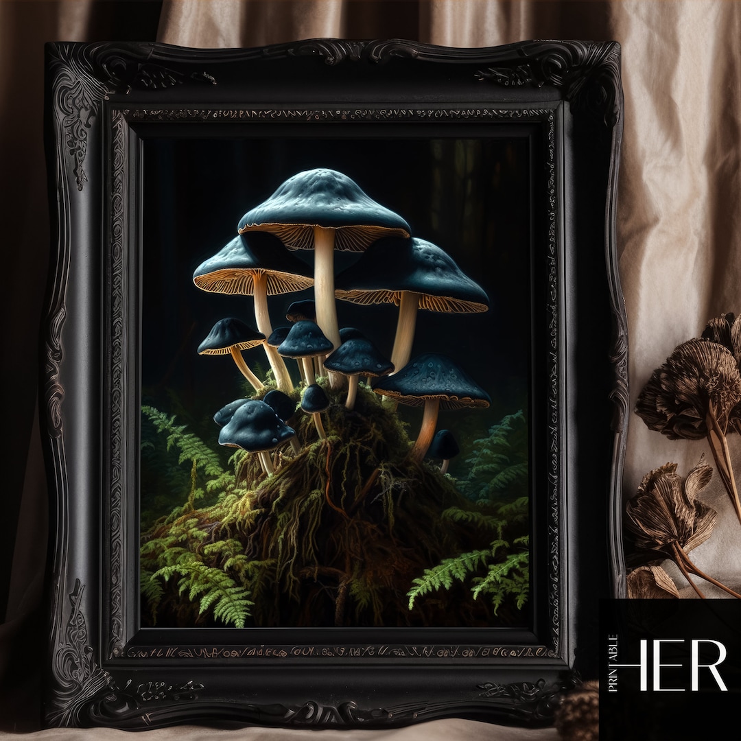 Teal Magic Mushroom Still Life: Dark Academia Cottagecore Wall Art ...