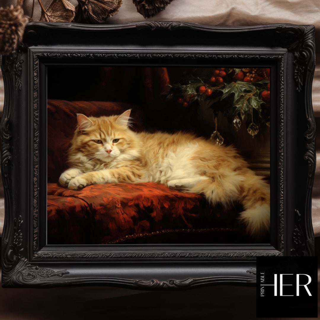 Christmas Cat on Red Sofa With Holiday Decorations Dark Cottagecore ...