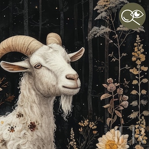 Goat N Flowers Meadow Dark Cottagecore Print Moody Botanical Decor ...