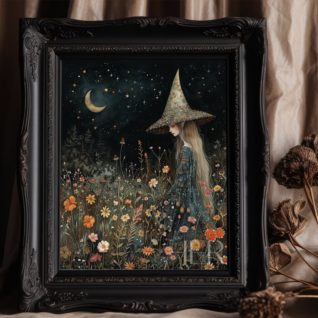Elf Witch in Meadow Night Sky Moon Dark Cottagecore Print Moody ...