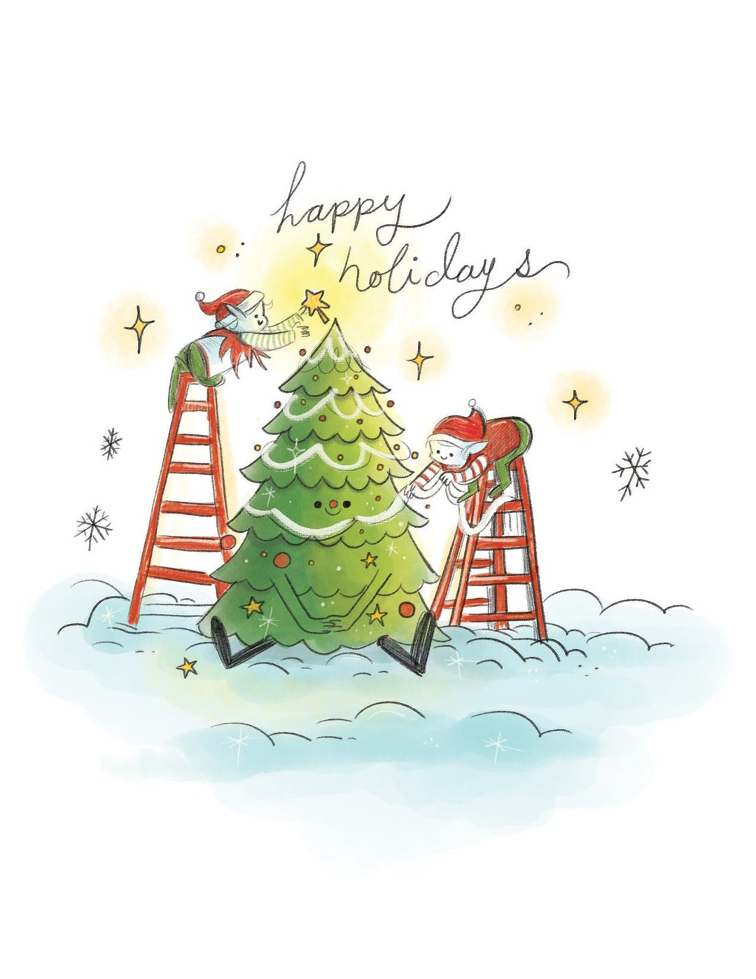 Happy Holidays Christmas Holiday Greeting Card Cute Kawaii Card 4.25 X ...