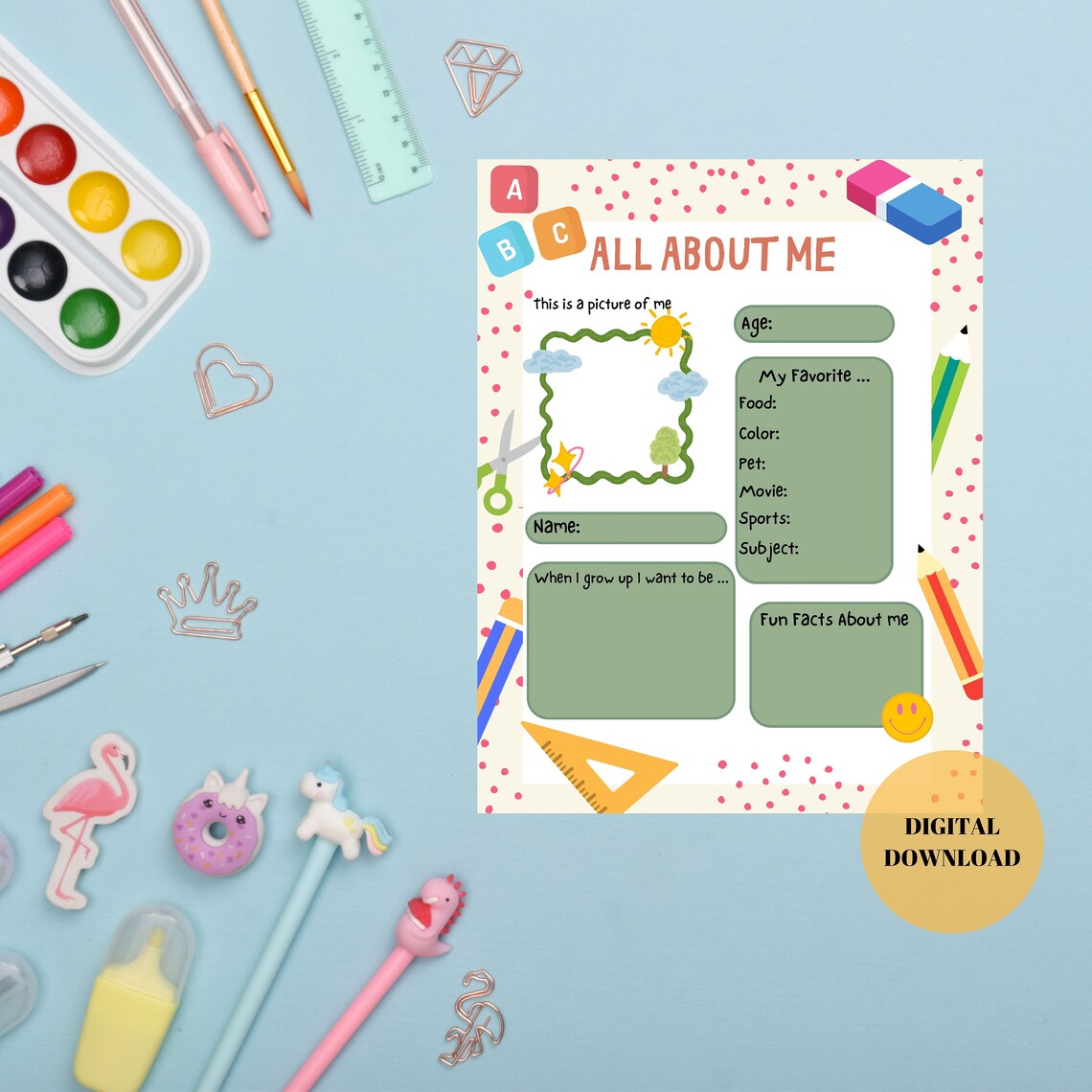 All About Me Printable, Back to School Sign, School Worksheet, Student ...