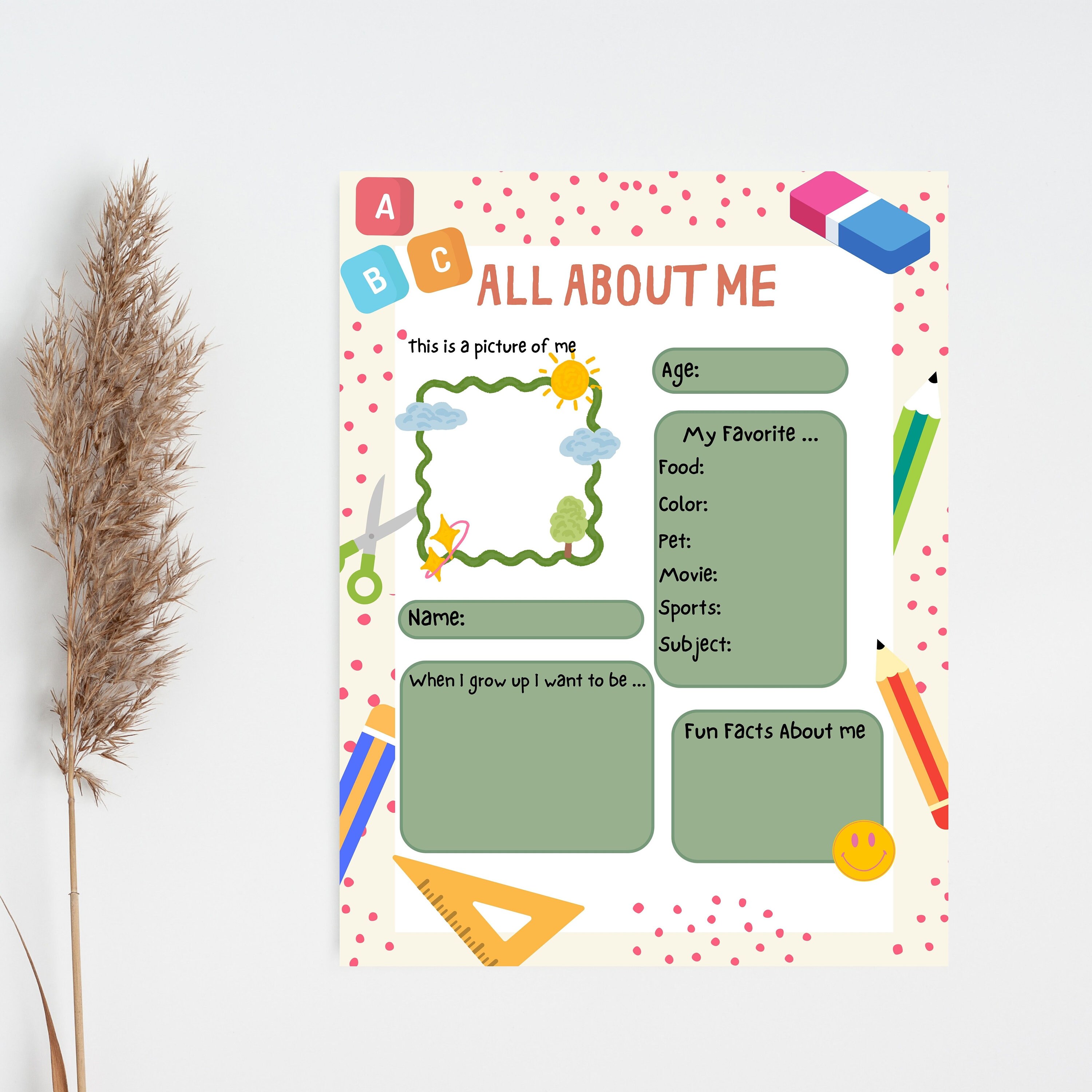 All About Me Printable, Back to School Sign, School Worksheet, Student ...