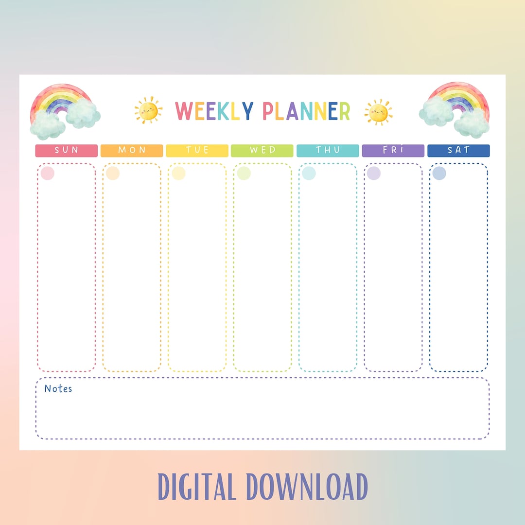 Planificador semanal para niños imprimible, Planificador diario Rainbow ...