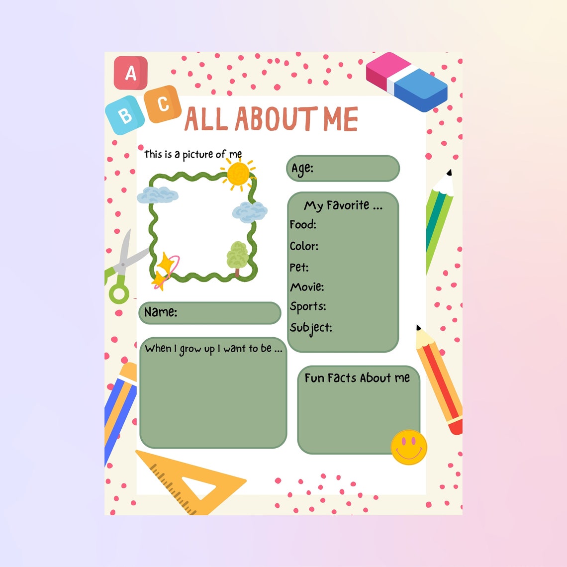 All About Me Printable, Back to School Sign, School Worksheet, Student ...