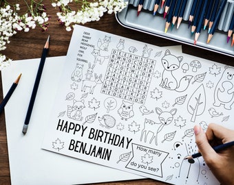 Editable Birthday Party Coloring Placemat, Woodland Birthday Party ...