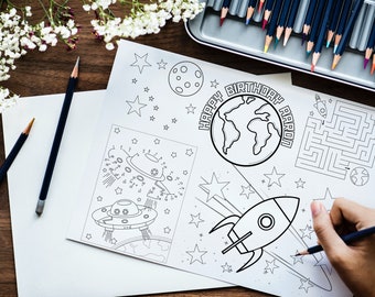 Personalized Outer Space Birthday Coloring Placemat Page, Kid's Fun ...