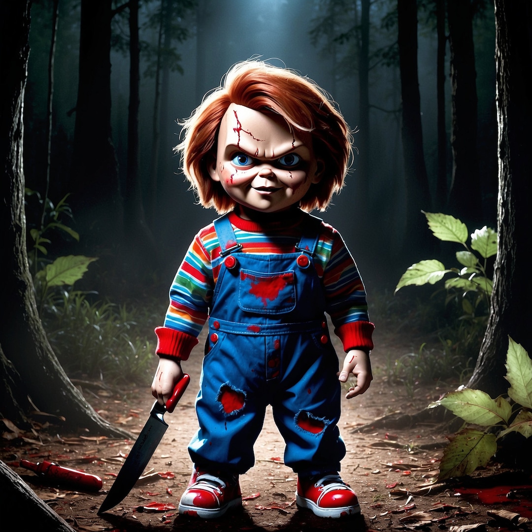Digital Art - Illustration of Chucky Holding a Knife, in the Woods - Etsy