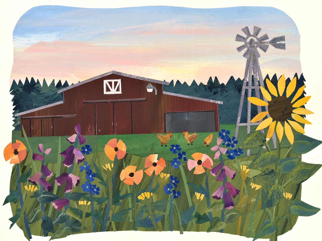 Art Print, Cut-paper Collage, Home Portrait, Flowers, Flower Barn ...
