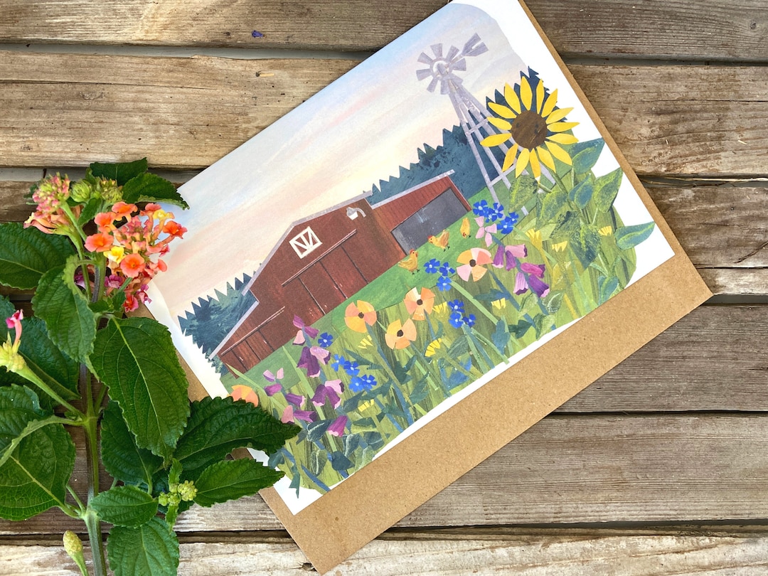 Unique Art, Greeting Card, Cut Paper Collage, Handmade Art Card, Barn ...