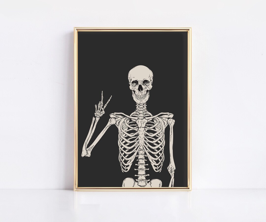 Funny Halloween Skeleton Peace Sign Print: Goth Home Decor (digital ...