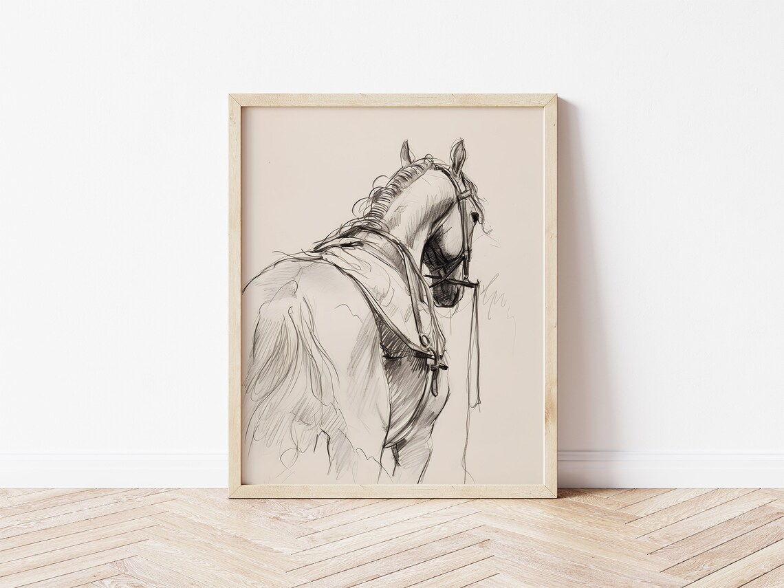 Modern Vintage Horse Sketch Art Printable Minimalist Neutral Drawing ...