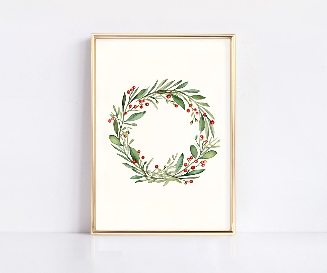 WREATH WATERCOLOR PRINT, Holiday Decor, Simple Christmas Printable ...