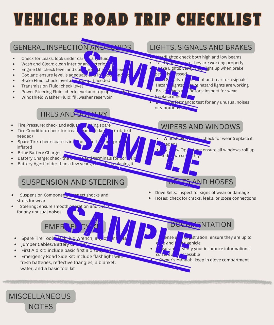 Printable Road Trip Checklist Car Safety Checklist Vacation Vehickle - Etsy