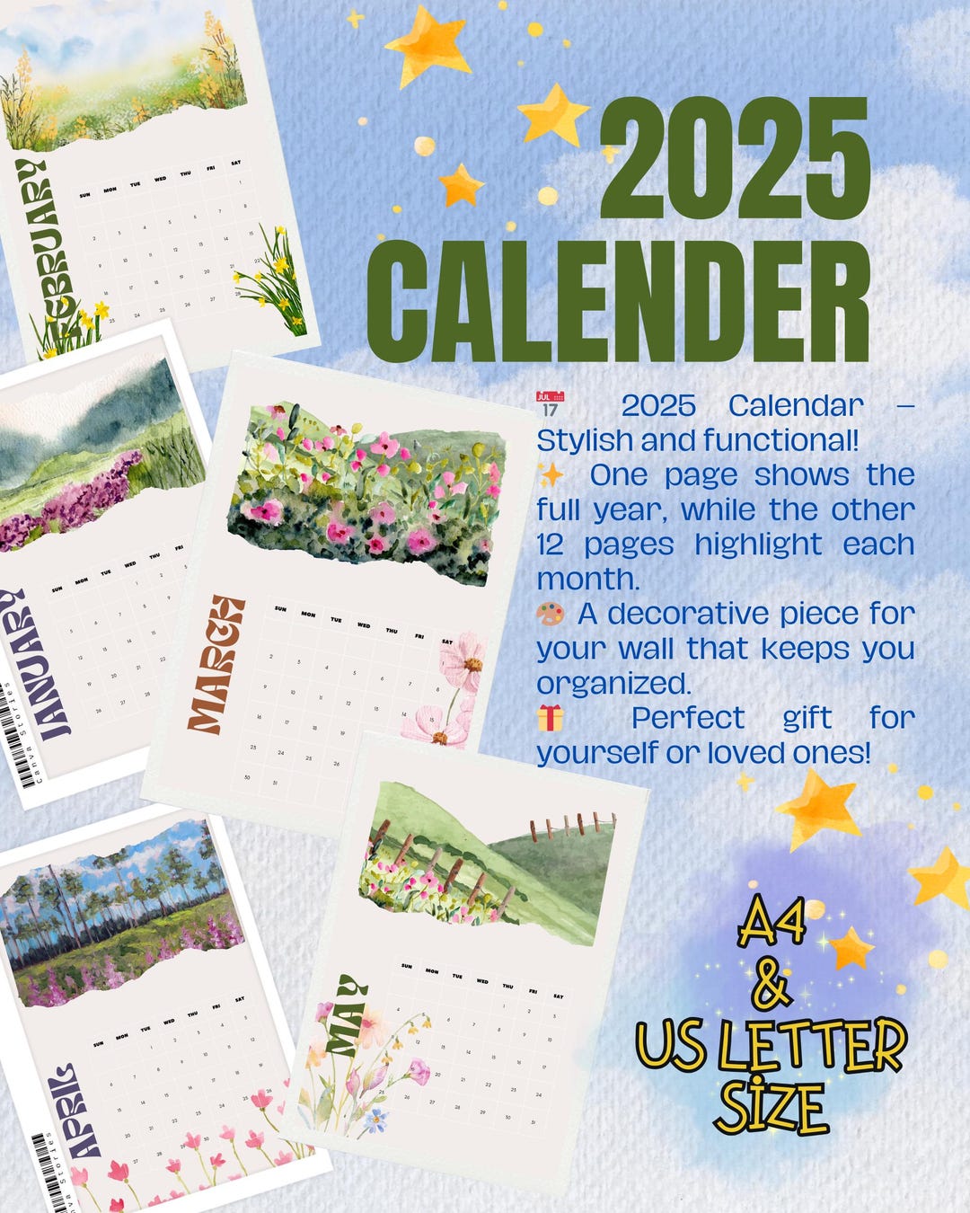 2025 Printable Watercolor Illustrated Yearly Overview A4 & US Letter ...