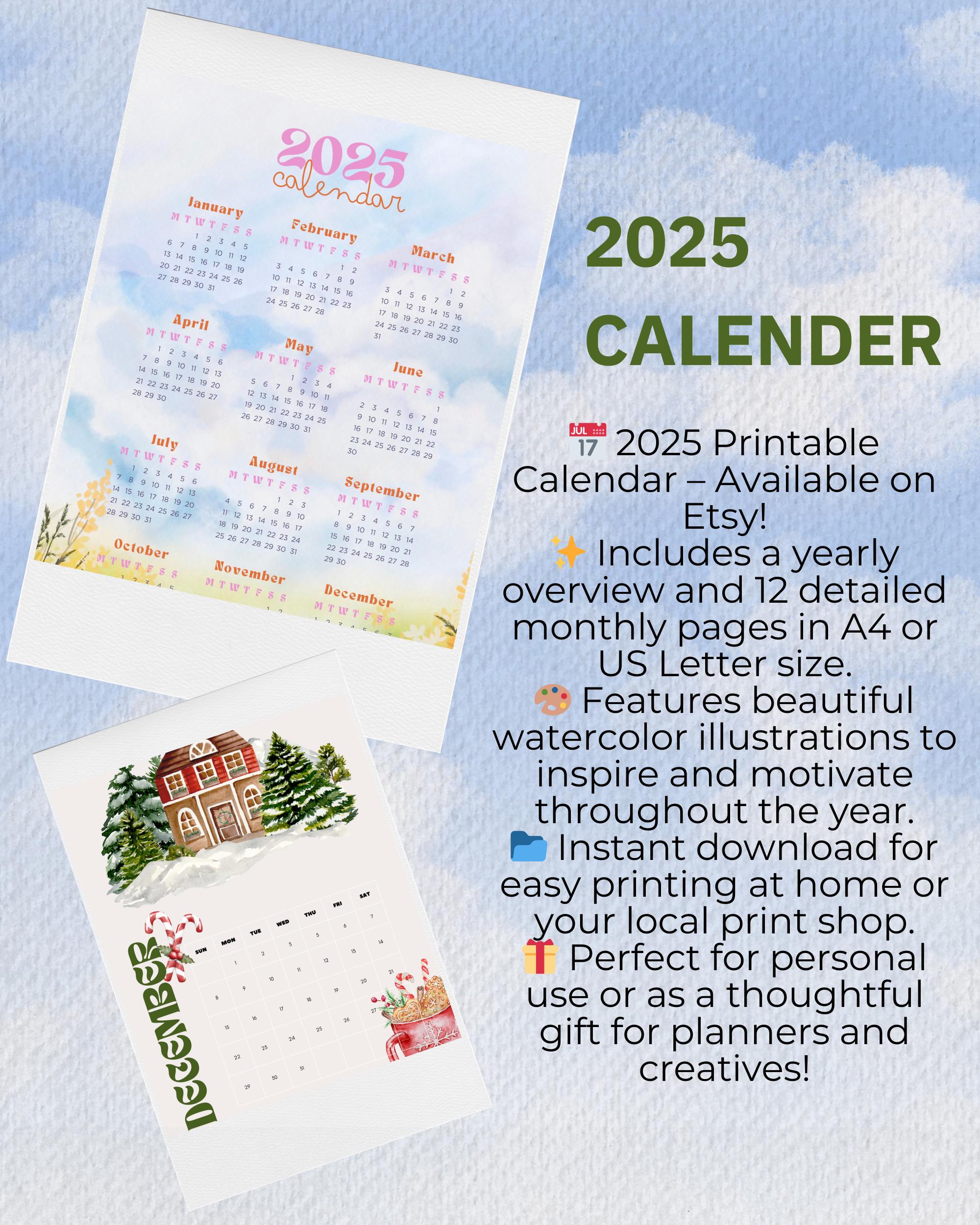 2025 Printable Watercolor Illustrated Yearly Overview A4 & US Letter ...