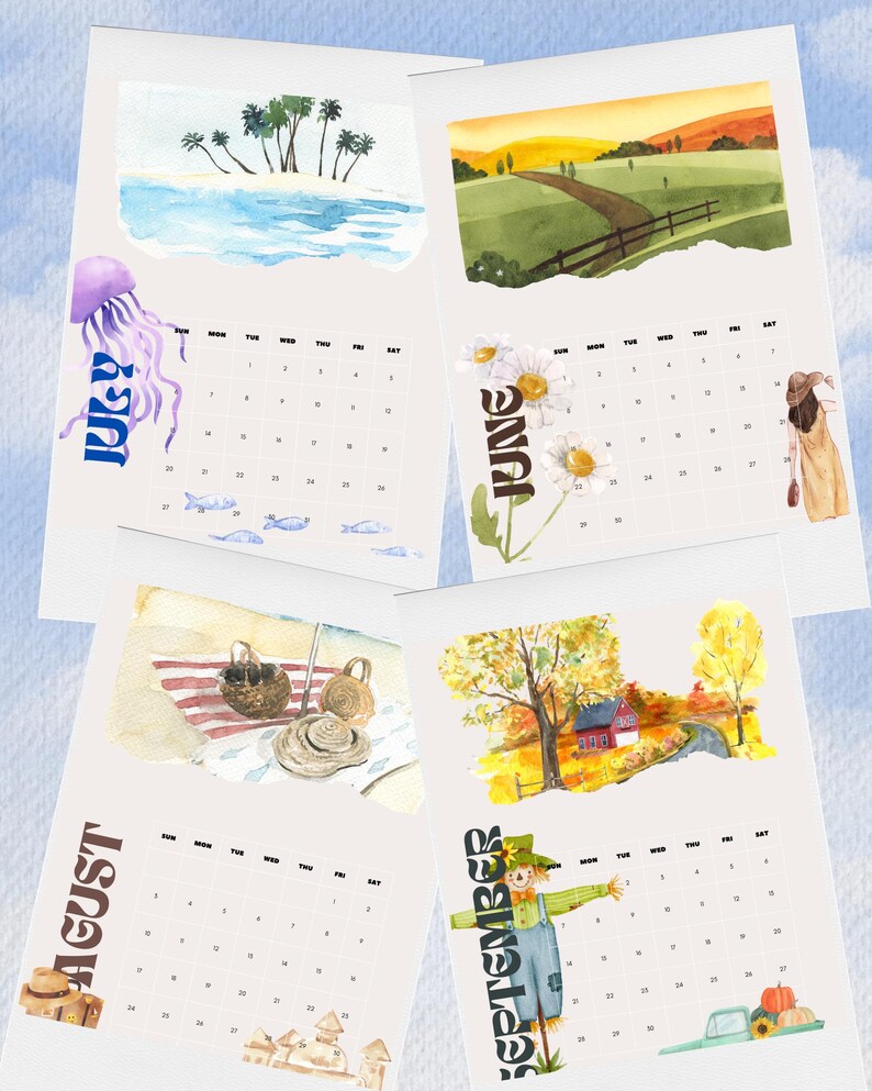 2025 Printable Watercolor Illustrated Yearly Overview A4 & US Letter ...