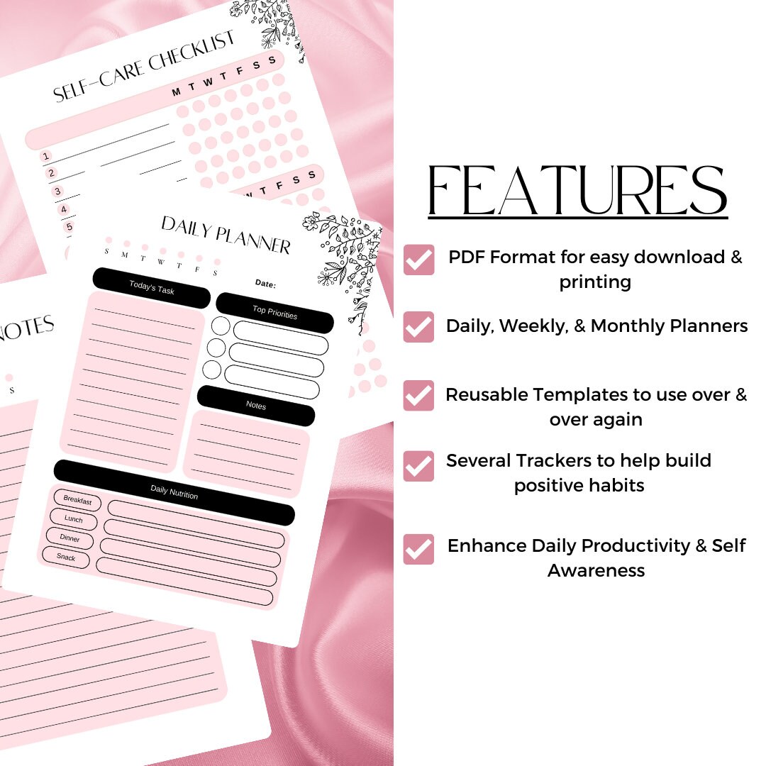 Pink Digital Self Care Planner Well-being Journal, Selfcare Checklists ...
