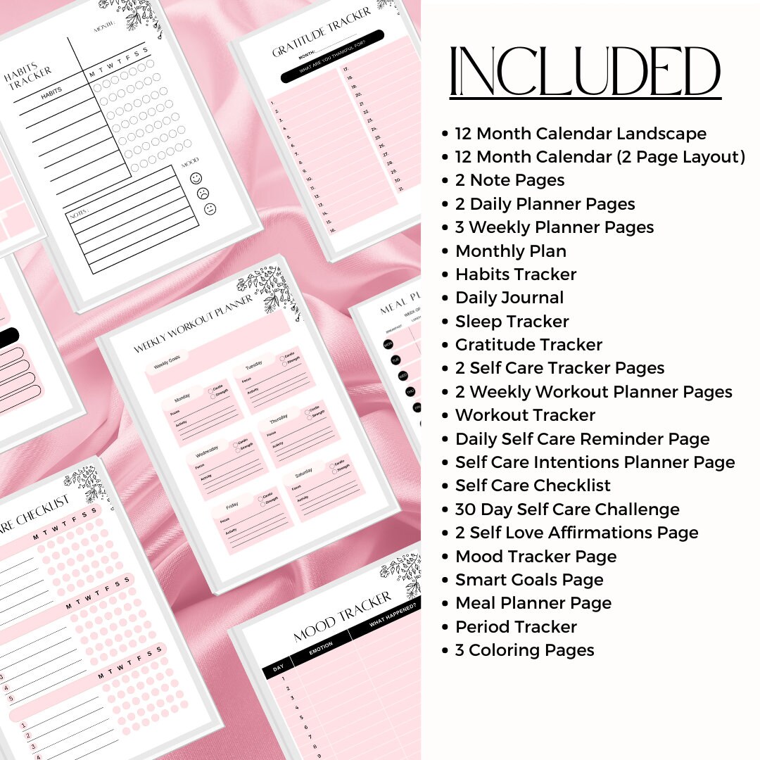 Pink Digital Self Care Planner Well-being Journal, Selfcare Checklists ...