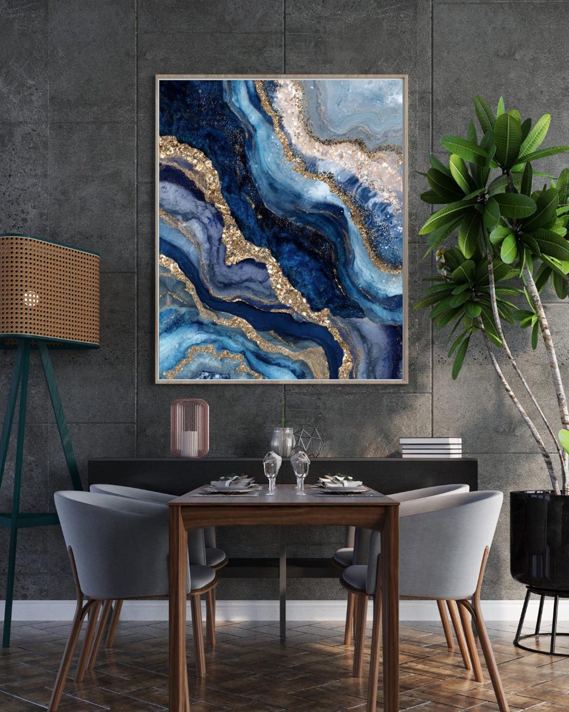 Blue Gold Geode Wall Art, Abstract Marble Painting, Navy and Gold Home ...