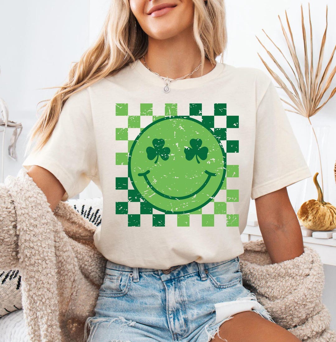 Checkered Green Smiley Face Lucky Shamrock Smiley Green Checkerboard ...