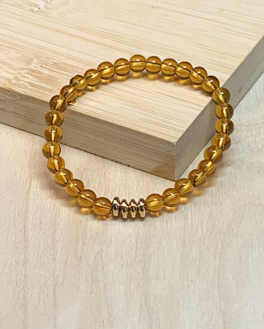 Amber Quartz Gemstone Stretch Bracelet. Gold or Silver. Valentine ...