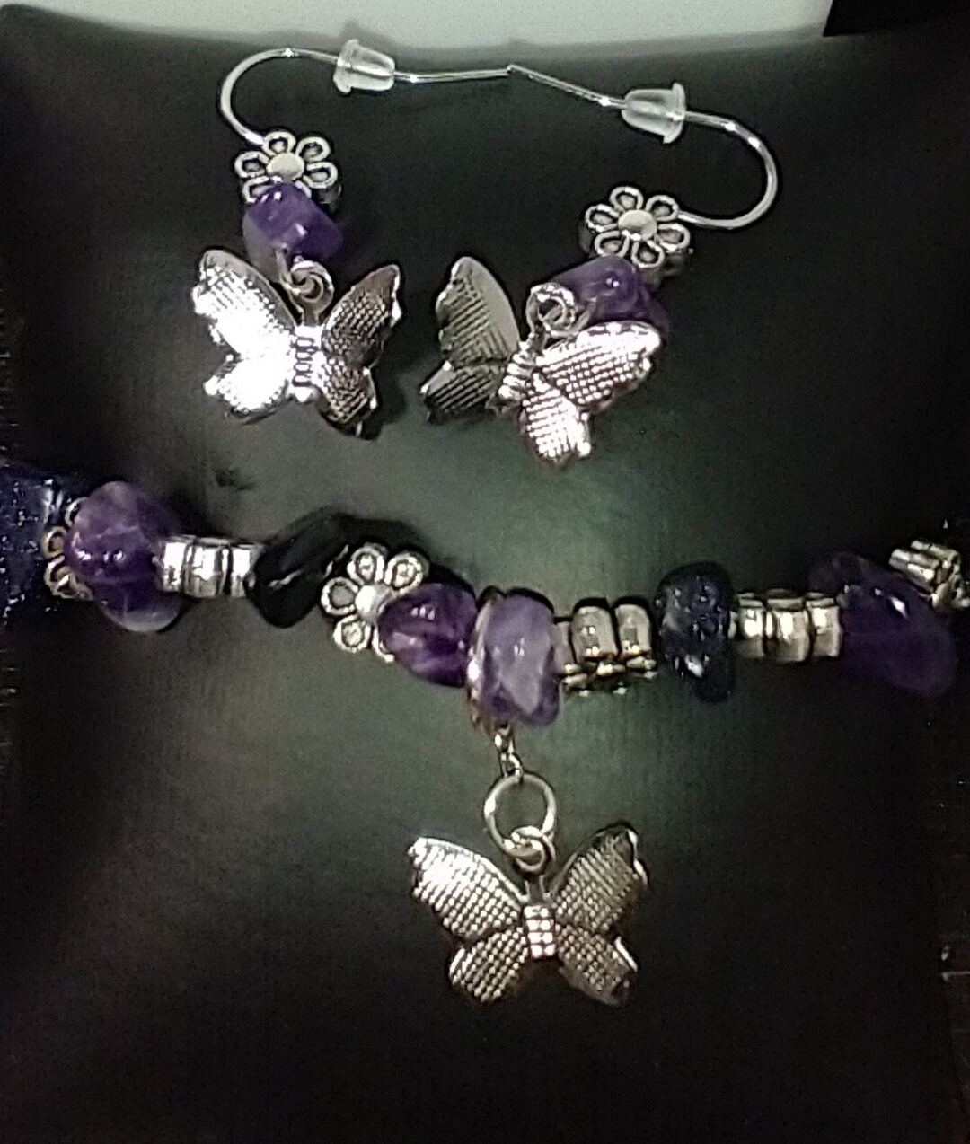 Butterfly Bracelet and Earrings Set Gemstone Chips Are Purple Amethyst ...