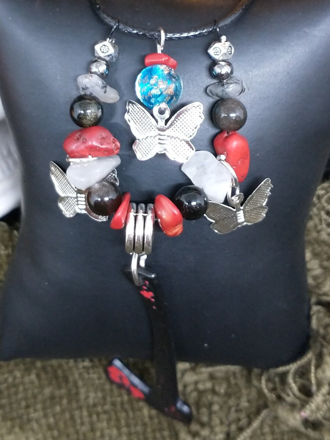 Butterflies and Axe Necklace! Red Coral, Quartz, and Black Onyx. Glow ...
