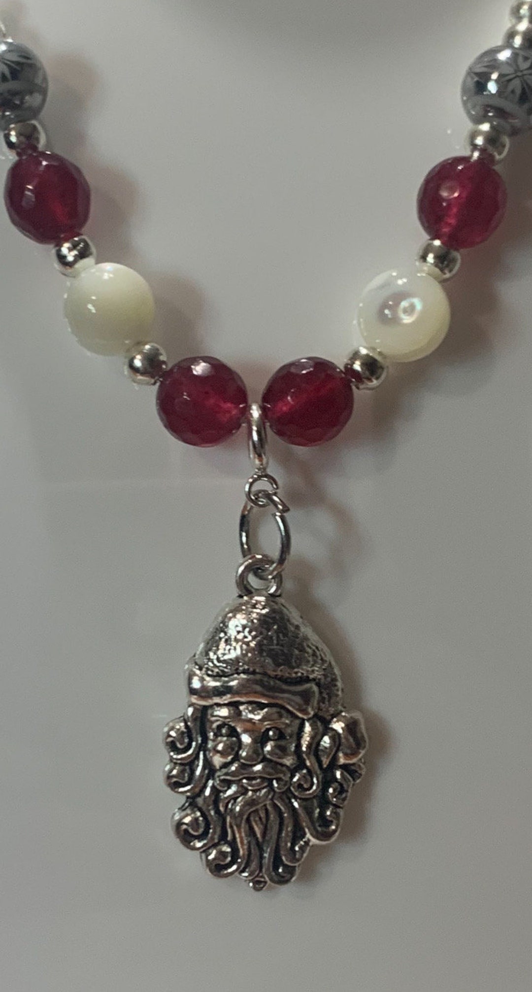 Santa Holiday Silver Necklace. Red and White Natural Genstones ...