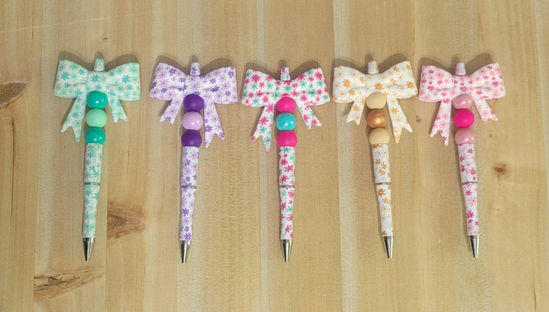 Daisy Print Bow Pens | Cute Floral Beaded Pen With Bow | Gifts for ...